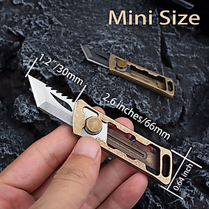 TENCHILON TK26 Mini Retractable Utility Box Cutter Keychain Knife, 1.2 inches D2 Tanto Blades, 2.6 inches Tumbled Skeletonized Brass Handles, Small Pocket EDC Cutting Tool Knives