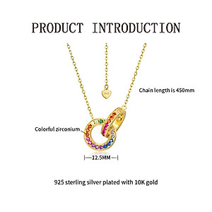 ALLNOEL Colorful Cubic Zirconia Necklace Gold Sterling Silver Double Ring Necklace Simple Gold Collarbone Chain Necklace for Women Girls