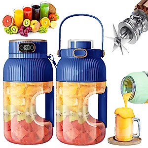 Multifunctional Portable Juicer Cup with Digital Display, 42 Oz Mini Personal Blender, BPA Free, Portable Juicer Cup, Small Travel Blender for Shakes and Smoothies (Blue, 2*Cup,2*Lid)