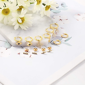 LOYALLOOK 6Pairs Moon Star Dangle Hoop Earrings for Women Mini Bar Stud Earrings CZ Drop Cartilage Cute Jewelry Small Huggie Hoop Valentine's Gift Gold Plated