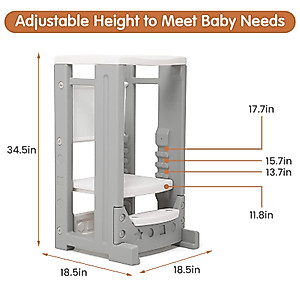 Toddler Tower - Toddler Standing Tower for Kitchen Counter & Sink, Kids Kitchen Step Stool Helper, Anti-tip Structure More Stable, with Dry Erase Board, Ages 18 Months to 5 Years (Grey)