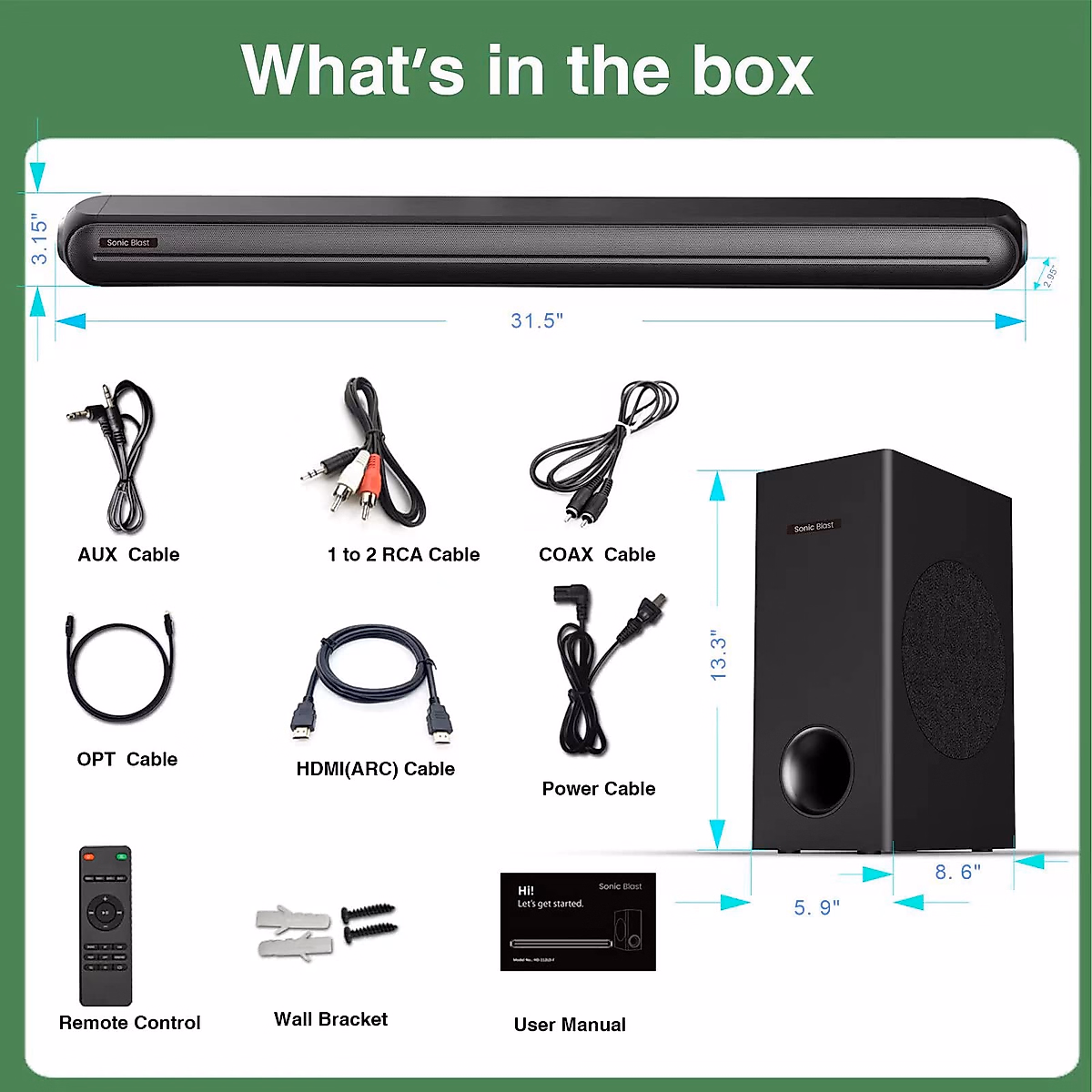 Sonic Blast Sound Bar for TV with Subwoofer 31.5" 2.1 CH Wireless Bluetooth 5.0 TV Soundbar 3D Surround Sound System TV Speaker for Home Theater Audio, HDMI/Optical/Aux/USB/RCA, Movie, Game, Bass Mode