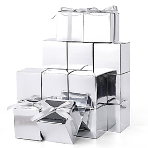 VGOODALL 50PCS Party Favor Boxes, Small Gift Boxes Mini Gift Boxes with Ribbons 3 x 3 x 3 inches Tiny Cardboard Boxes Treat Boxes for Wedding Birthday Party Silver