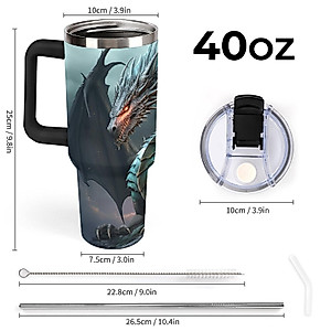 QWJKM Cool Dragon Tumbler with Handle Large Insulated Car Cup 40 OZ Stainless Steel Travel Mug Leak Proof Water Bottle with Lid And Straw for Car Home Office Gifts