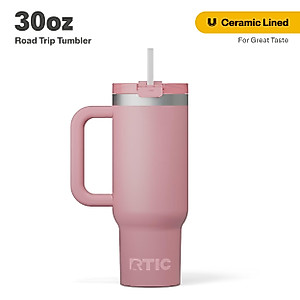 RTIC 30 oz Road Trip Tumbler Double-Walled Insulated Stainless Steel Portable Travel Coffee Mug Cup with Lid, Handle and Straw, Ceramic-Lined, Dusty Rose