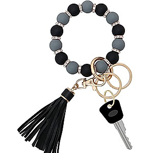 Silicone Key Ring Bracelet for Women, Elastic Beaded Wristlet Keychain Key Holder for Mother’s Day Gift(Grey/Black)