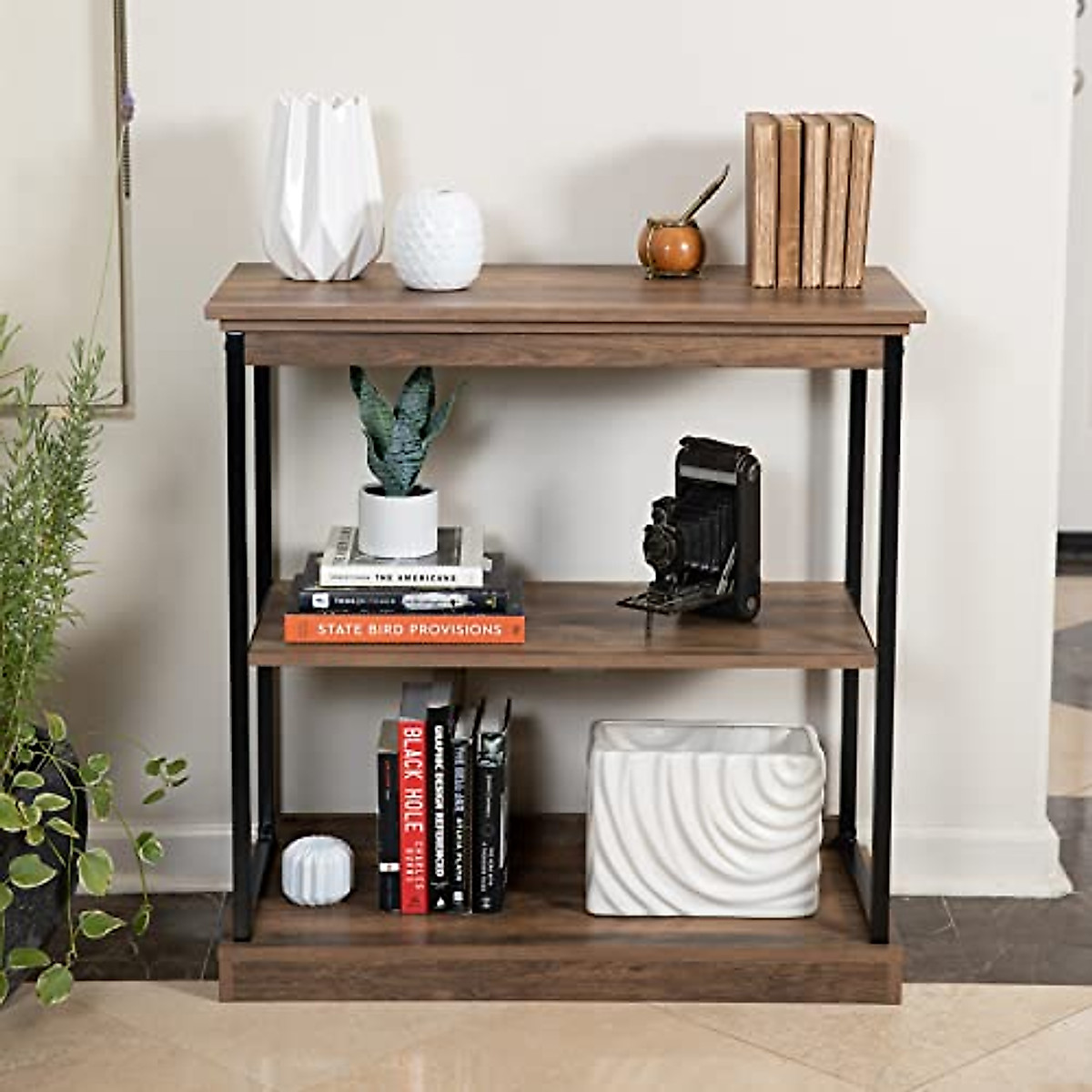 Danya B. Oslo Contemporary Industrial Horizontal 3-Tier Etagere Bookshelf – Standing Open 3-Shelf Bookcase Unit – Black Iron Metal & Maple Finish