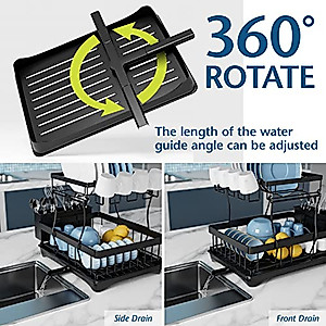 Dish Drying Rack for Kitchen Counter, 2 Tier Dish Rack Large Space Saving Kitchen Dishes Tray Drying Racks with Drainboard, Black Best Dish Drainer Set