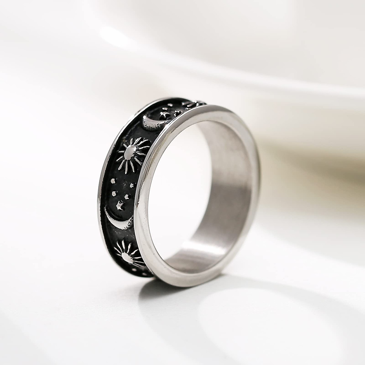 HZMAN 8mm Moon Star Sun Statement Ring Stainless Steel Boho Jewelry for Women Men (Silver, 7)