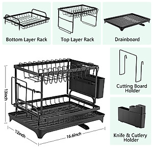 Dish Drying Rack, Multifunctional Dish Rack, Rustproof Kitchen Dish Drying Rack with Drainboard, Space-Saving 2-Tier Dish Drying Rack with Utensil Holder & Cup Holder for Kitchen Counter,Black