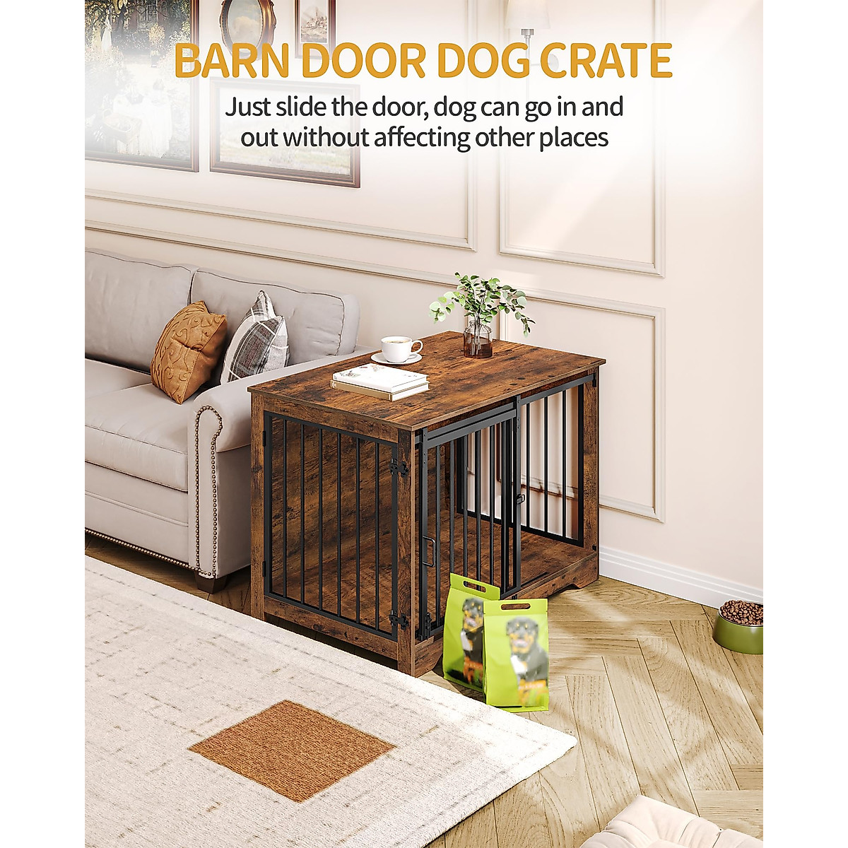 Hzuaneri Dog Crate Furniture, 39.4" Double Door Dog Crate with Barn Door, Dog Kennel Indoor, End Side Table Wooden Dog Crate for Small Medium Large Dog, Anti-Chew Anti-Escape, Rustic Brown DFC02301B