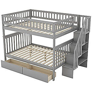 CITYLIGHT Full Over Full Bunk Beds with Stairs,Wood Full Bunk Beds with 2 Storage Drawers, Bunk Bed Full Over Full Size for Kids,Teens, Adults, No Box Spring Needed, Grey