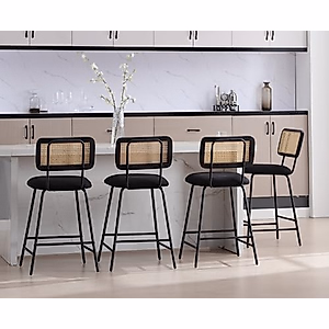 ZSARTS Black Rattan Barstools Set of 2, 26" Boucle Fabric Counter Height Bar Stools with Cane Back, Wicker Bar Chairs for Pub/Kitchen/Home Bar