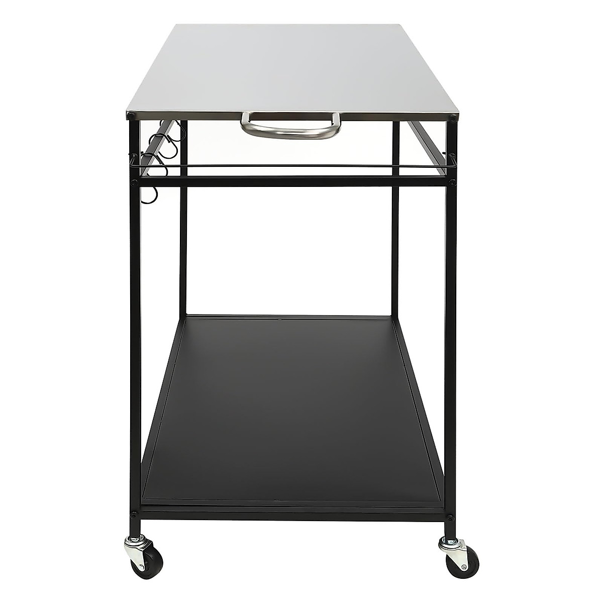 Gagalayong Double-Shelf Movable Outdoor Grill Cart Pizza Oven Stand, Multifunctional Kitchen Food Prep Table with Drawer, Black Solid Steel Dining Worktable on 4 Wheels & Seasoning Tray