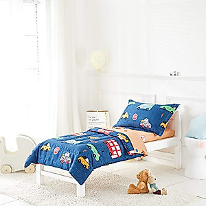 Boys Toddler Bedding Set Navy with Colorful Cars Includes 1 Boys Comforter, Flat Sheet, Fitted Sheet and Pillowcase