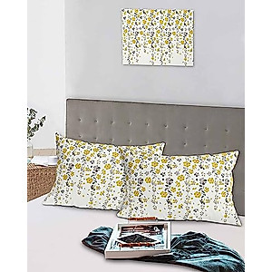 Weeping Flowers Pillow Covers King Standard Set of 2 20x36 Bed Pillow, Yellow Grey Summer Spring Floral Botanical Art Plush Soft Comfort for Hair/ Skin Cooling Pillowcases with Envelop Closure