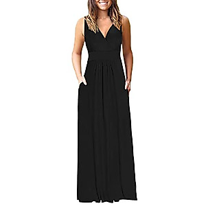 MOLERANI Women Sleeveless Deep V Neck Loose Plain Long Maxi Casual Dress(Black,XL)