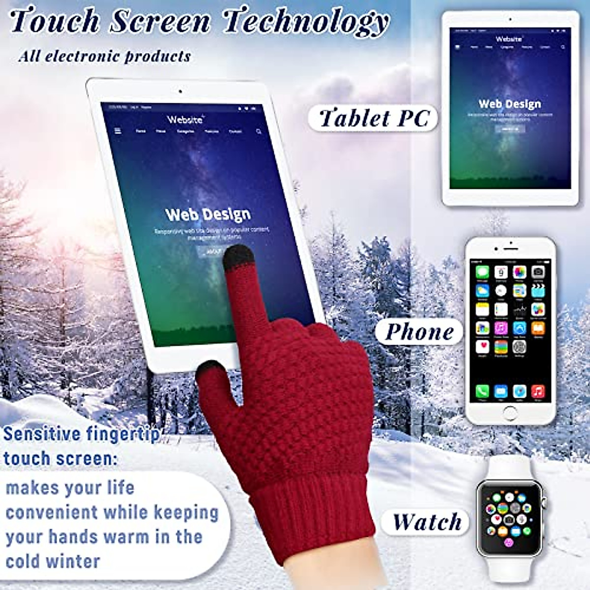 Funtery 6 Pcs Slouchy Beanie Hats Gloves Set for Women Slouchy Beanie Winter Gloves Touchscreen Chunky Knit Hats for Women