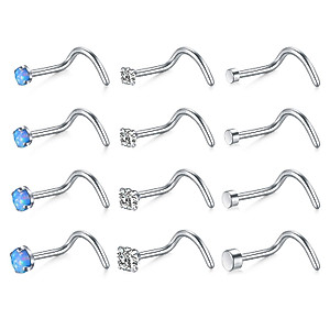 Anicina 18G Nose Rings Studs Stainless Steel 1.5mm 2mm 2.5mm 3mm Opal & CZ Flat Top Nose Screw Studs Nose Piercing Jewelry 12PCS