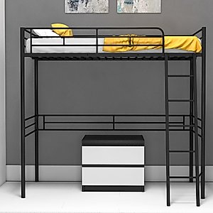 Lifeand Sturdy Twin Size Metal Loft Bed with Built-in Ladder and Guardrails for Space-Saving Solution in Kids' and Teens' Rooms,Black