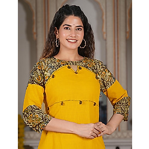 Yash Gallery Women's Cotton Blend Kalamkari Print A-Line Kurtis (Mustard Yellow)