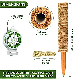 Moss Pole for Plants Monstera - 51.1” Stackable Plant Poles for Potted Plants Indoor and Outdoor (4 Pcs) – 16.9” Long Natural Coir Moss Sticks with Garden Twist Ties and Jute Rope