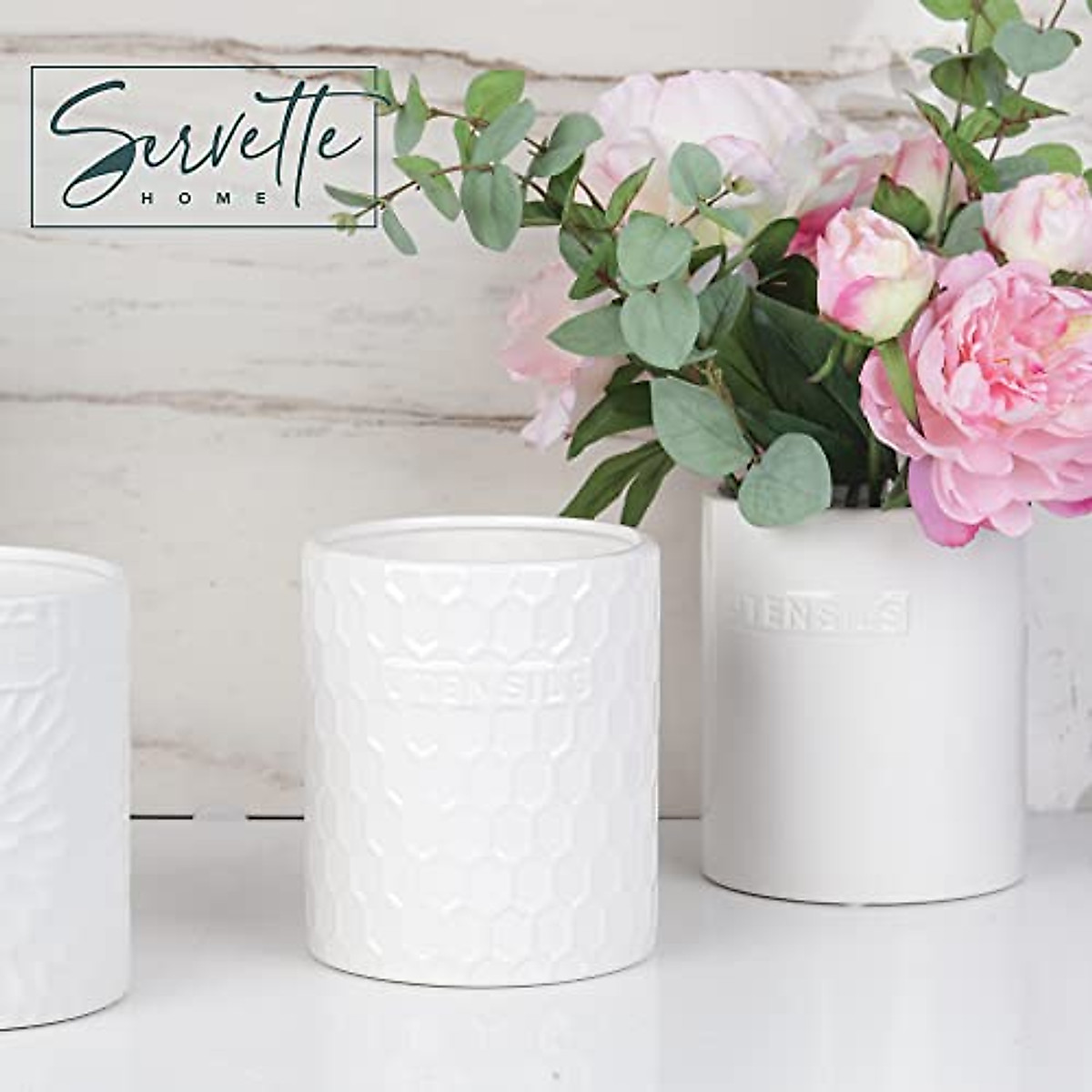 Servette Home Ceramic Utensil Holder for Kitchen Counter – Hexagon Patterened Utensil Crock