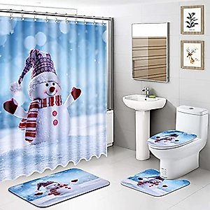 Christmas Shower Curtain Sets with Non-Slip Rugs and Toilet Lid Cover,Xmas Winter Snowman Bath for Bathroom 4 Piece Set with 12 Metal Hooks, Waterproof Bathroom Fabric ,72x72 inch