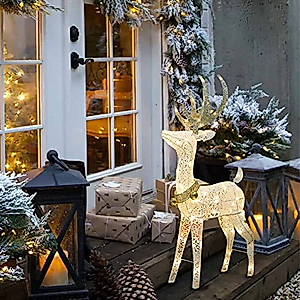 EAMBRITE 48” 70LT Pre-Lit Christmas Glittering Reindeer with Gold Jingle Bell and Twinkle Light Outdoor Holiday Mesh Standing Buck Deer Decorations for Home Lawn Yard Garden Indoor Outdoor Plug in