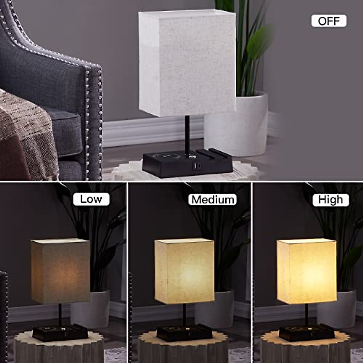 YUNHONG Bedside Lamp Set of 2,Wireless Charger Table Lamp with USB A+C Ports and AC Outlet,3 Way Dimmable Touch Nightstand Lamps for Bedroom and Living Room (LED Bulbs Included)