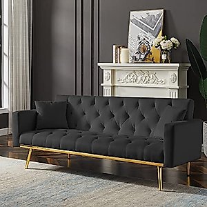 Modern Velvet Convertible Sleeper Sofa Bed with 2 Pillows, Futon Sofa Couch Loveseat with Multiple Adjustable Positions and Gold Metal Legs for Living Room Bedroom Office Apartment (Black)