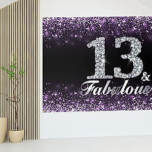 HAMIGAR 6x4ft Happy 13th Birthday Banner Backdrop - 13 & Fabulous Birthday Decorations Party Supplies for Girls - Purple
