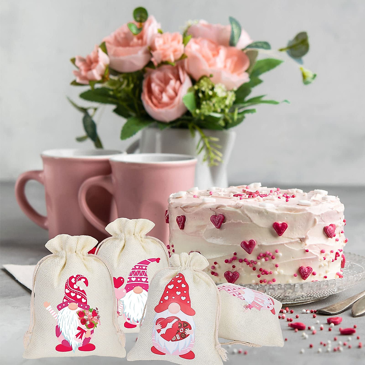 Whaline 24Pcs Valentine's Day Burlap Gift Bags Pink Gnome Pattern Drawstring Candy Bags Rustic Linen Pouches Sacks for Valentine's Day Party Favors Wedding Bridal Shower Supplies, 5 x 7Inch