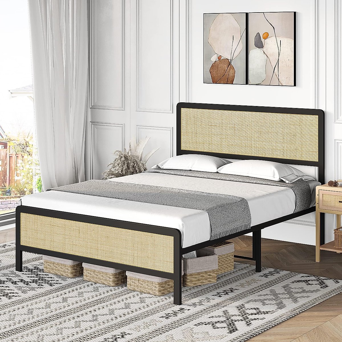 IDEALHOUSE Boho Style Full Bed Frame with Rattan Headboard, Platform Bed Frame with Strong Metal Slat Support,No Box Spring Needed,Black & Oak (Full)
