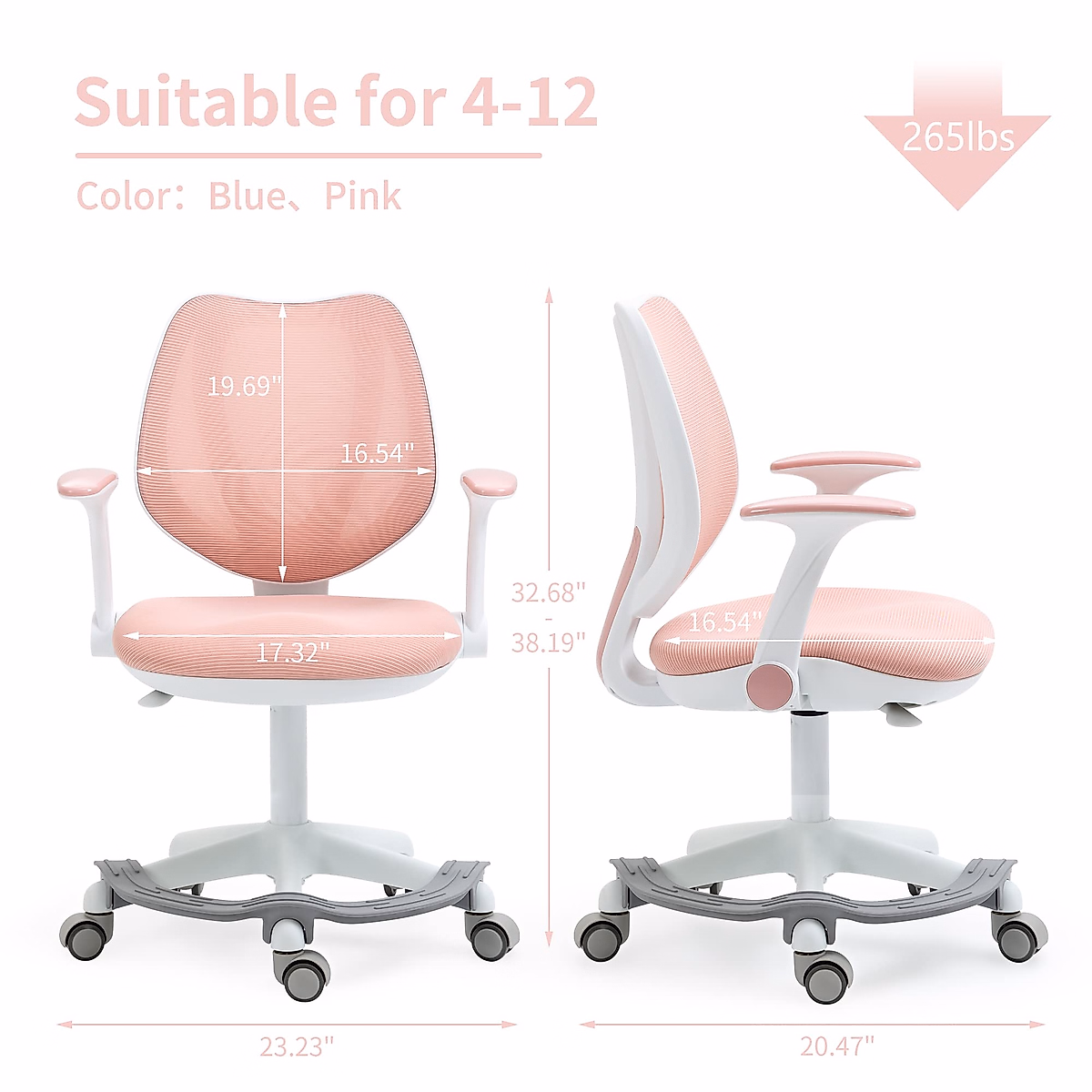 HOMEFUN Kids Desk Chair, Computer Chairs with Armrest and Footrest for Boys Girls Cute Mesh Ergonomic with Adjustable Height Swivel Safe Sit-Locking Casters Pink