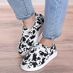 LELEBEAR Cow Print Shoes, Cow Print Shoes for Women, Flat Lace-Up Slip On Women Comfortable Print Sneakers (Cow Print Shoes, 9.5 US)