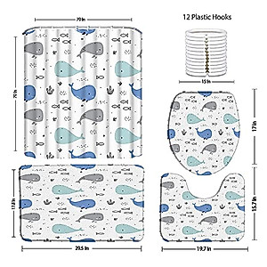 DSMEUE 4 Piece Shower Curtain Sets with Rugs,Cartoon Whale Blue Gray Tropical Fish Seaweed Funny Sealife Boys Girls 70" x 70" Bathroom Curtain and 17.8"x29.5" Bath Mat,Toilet Cover, U-Shaped