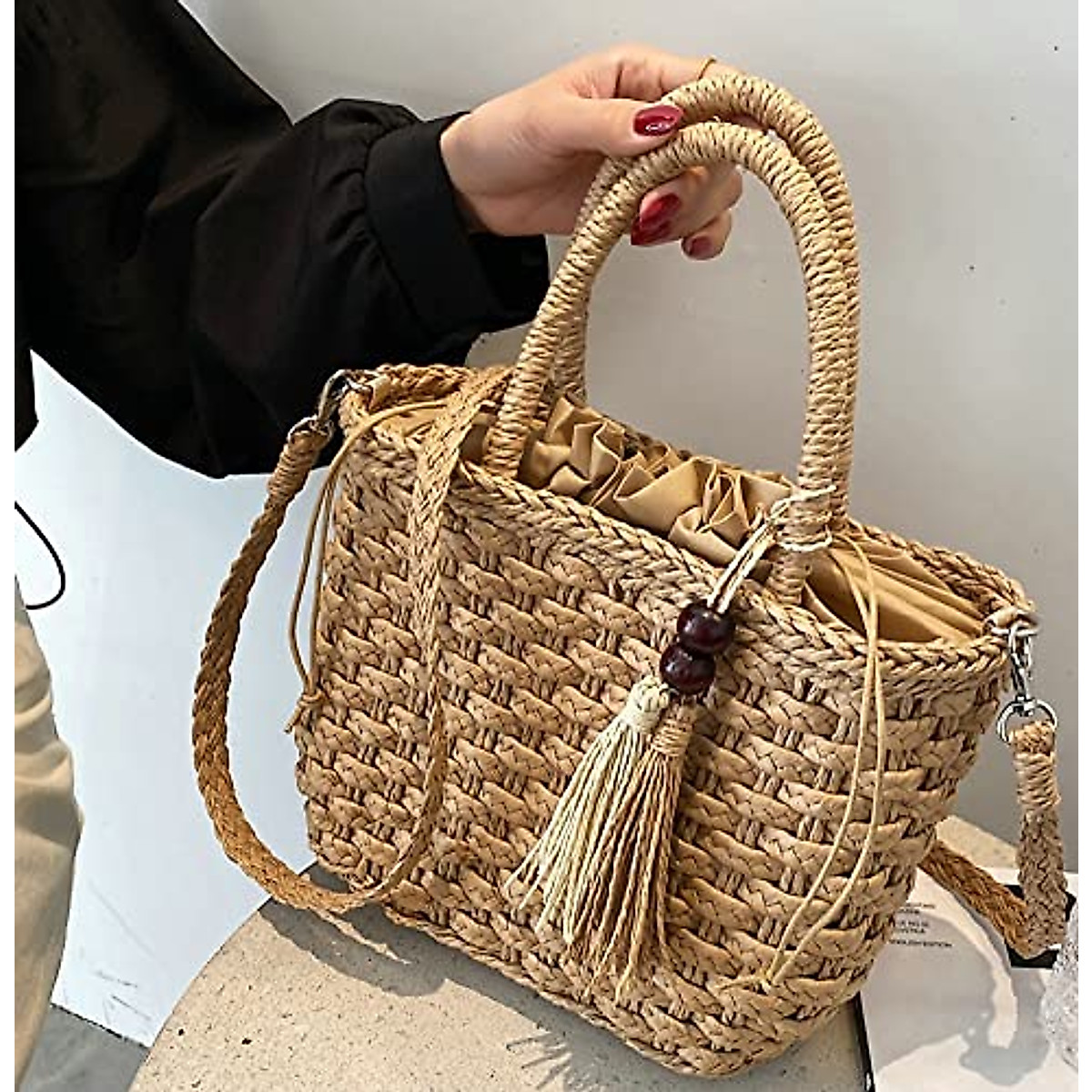 Handwoven Straw Bag for Women Lightweight Shopping Tote Handbag Purse Boho Bag