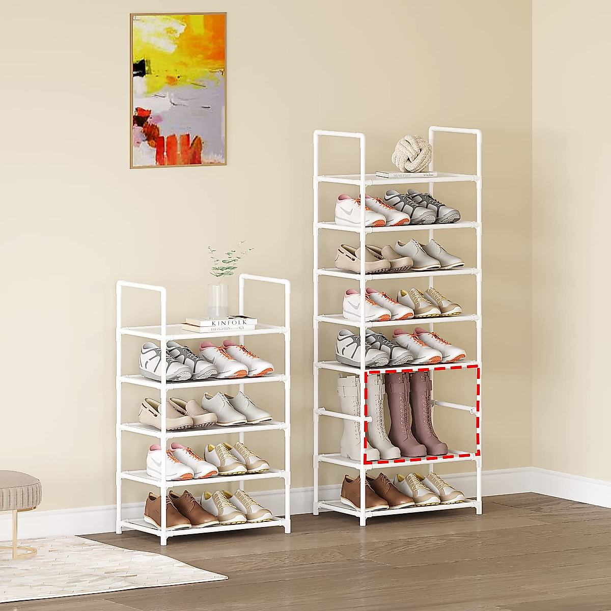 Vockot 5 Tier Stackable Small Shoe Rack，Narrow Sturdy Shoe Shelf Organizer, Non-Woven Fabric Metal Free Standing Shoe Racks for Entryway, Doorway and Closet（White）