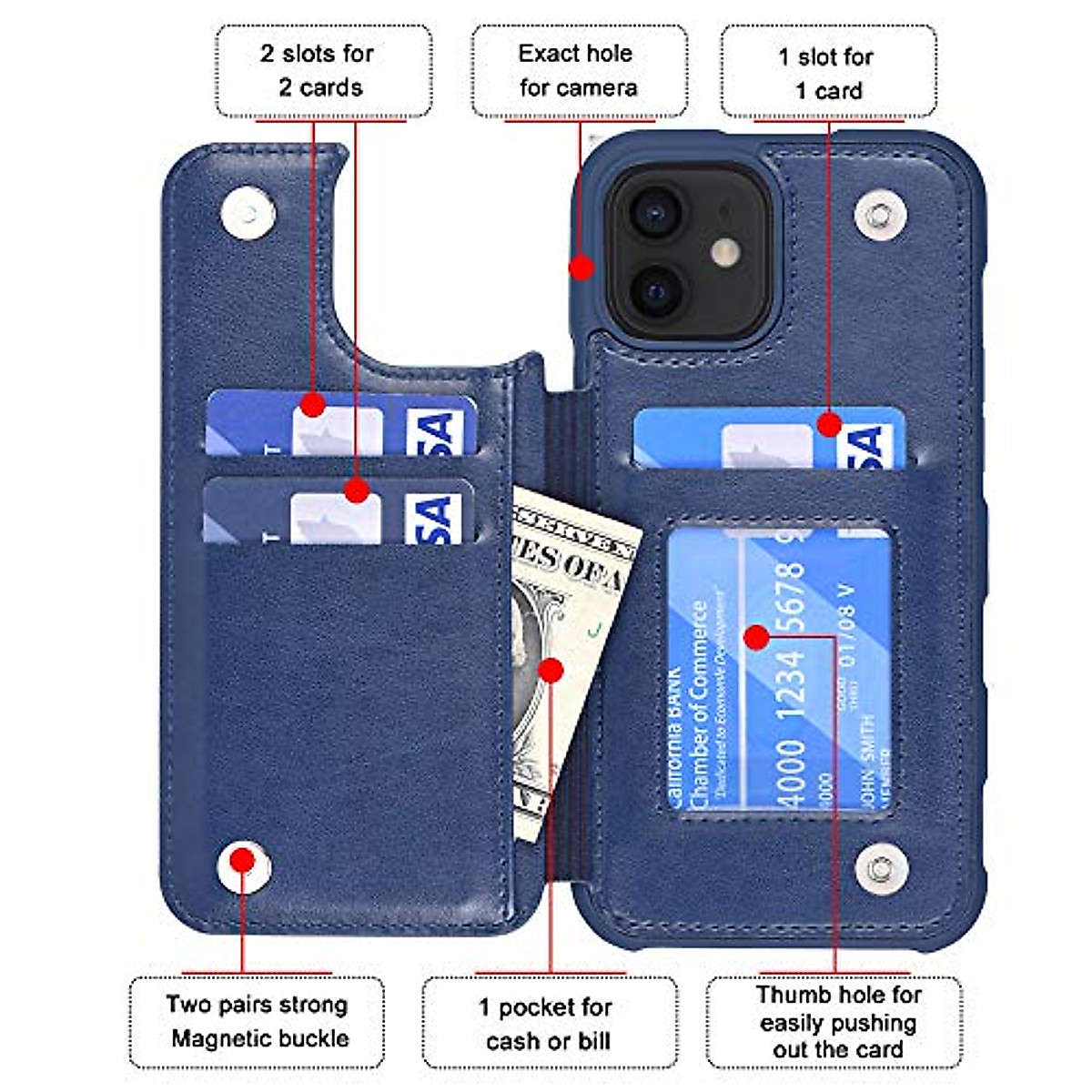 Arae Compatible with iPhone 12 Case and iPhone 12 Pro Case - Wallet Case with PU Leather Card Pockets Back Flip Cover for iPhone 12/12 Pro 6.1 inch - Blue