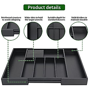 VaeFae Bamboo Silverware Drawer Organizer Kitchen, Expandable Utensil Holder and Cutlery Tray with Divider | 13"-21.6" Flatware Storage and Removable Knife Block (Black)