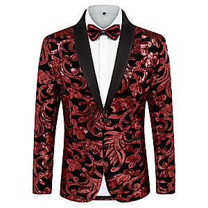PJ PAUL JONES Men's Suit Jackets Velvet Sequins Tuxedo Jacket Shawl Lapel Slim Fit Casual Blazer for Men Dinner Wine Red 2XL