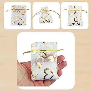 QIANHAILIZZ 100 Pack 2.8 x 3.5 Inch Flower Heart Organza Jewelry Gift Pouch Candy Pouch Drawstring Wedding Favor Bags B511S (white gold heart)