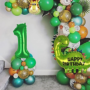 2 Pcs Dinosaur Balloons Birthday Decoration for Kids, 35 Inch Big Green Foil Happy Birthday Dino Balloon for Wild One Baby Shower Jungle Safari Animal World Themed Party Supplies Decor