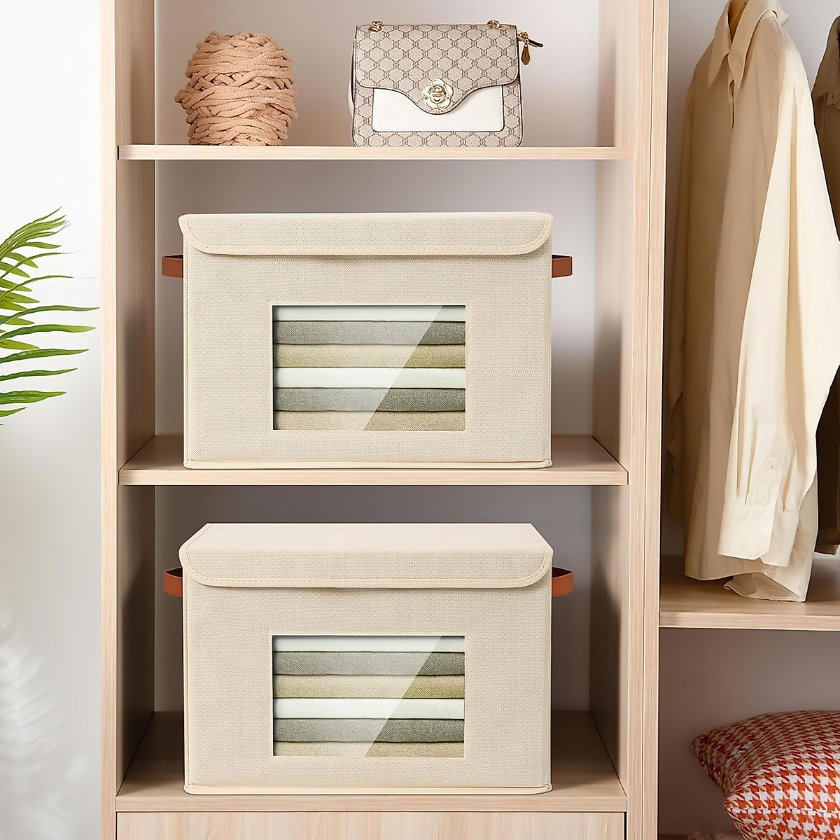 Storage Bins for Clothes, 40L Large Collapsible Stackable Closet Organizer Containers, Storage Boxes with Lids,Storage Cube Basket, Clear Windows & PU Leather Handles, Pack of 3,17x12x12 Inch