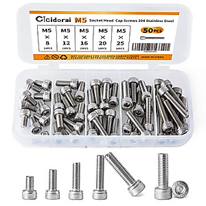 Cicidorai M5 x 8mm 12mm 16mm 20mm 25mm Socket Head Cap Screws Bolts, Stainless Steel 304, Metric Allen Hex Drive, Fully Threaded, Bright Finish, 50PCS