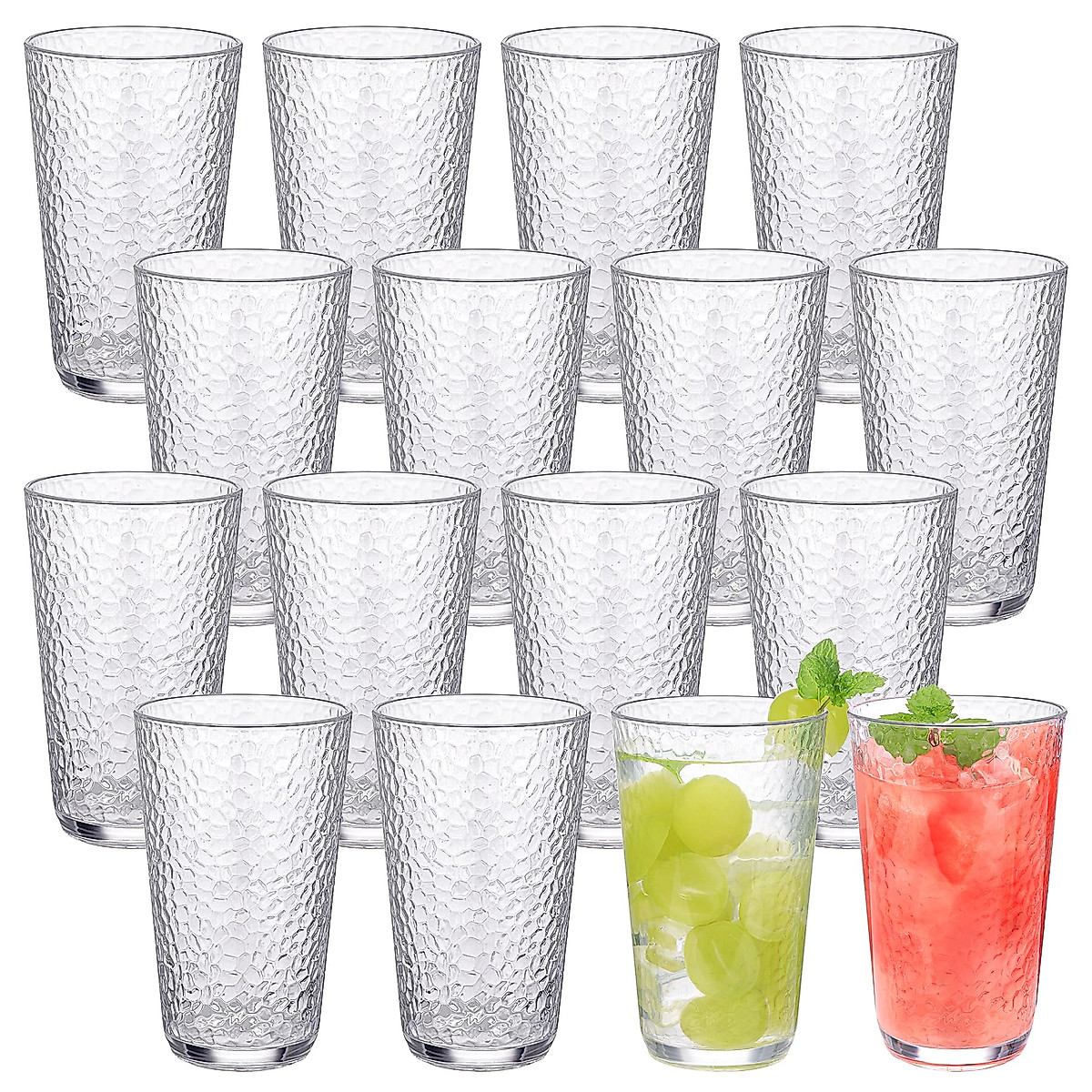 CiWiVOKi Plastic Drinking Glasses (Set of 16), 17oz Plastic Tumblers, Acrylic Glasses Drinkware, Reusable Plastic Cups for kitchen, Stackable, BPA-Free, Dishwasher-Safe, Clear