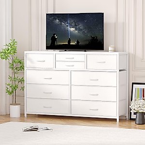 GarveeHome White Dresser for Bedroom, Wide Dressers & Chest of Drawers for Closet, 47 inch TV Stand with Big Storage, Long 10 Drawers Fabric Dresser with Metal Frame for Living Room, Closet