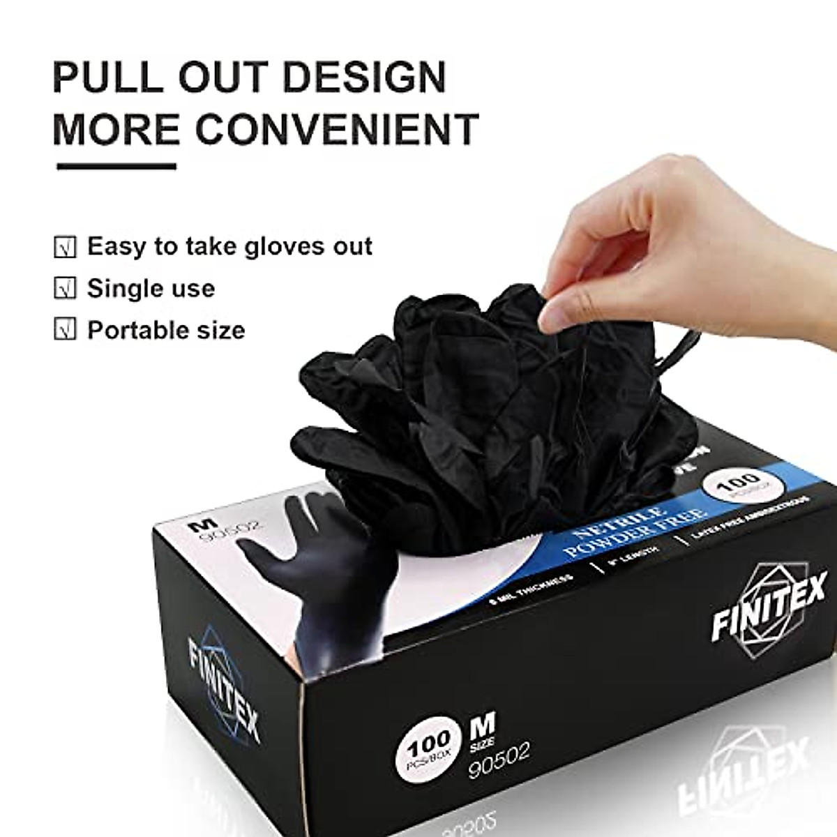 FINITEX Black Nitrile Disposable Medical Exam Gloves - Box of 100 PCS 6mil Gloves Powder-Free Latex-Free For Examination Home Cleaning Food Gloves (Large)
