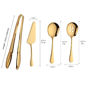 TUPMFG Serving Spoons Set - Stainless Steel Serving Utensils Includes Serving Spoons, Slotted Spoons, Tongs and Cake Server for Buffet Party Gold